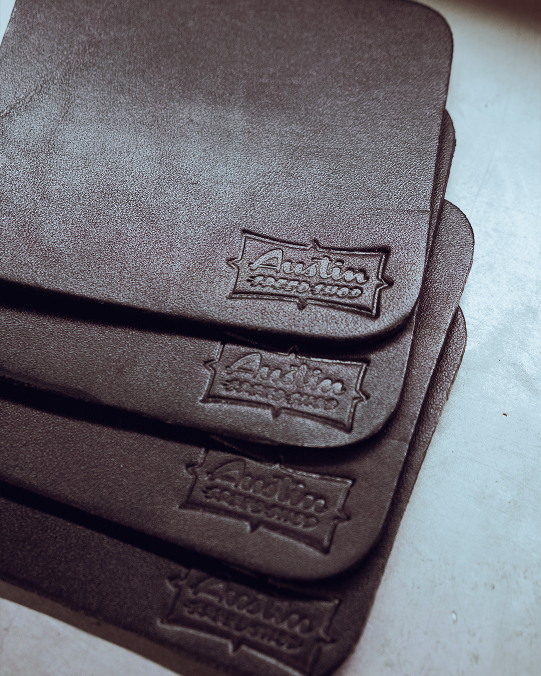 Leather Embossed Square Coasters - Austin Speed Shop